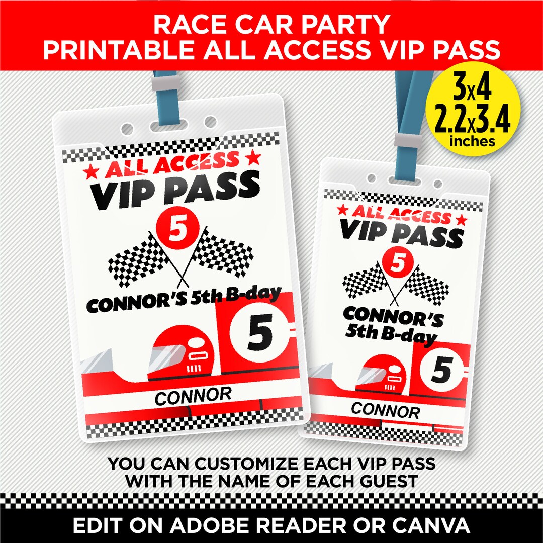 Race Car Party Printable All Access VIP Pass | Pit Crew Pass Badge ...