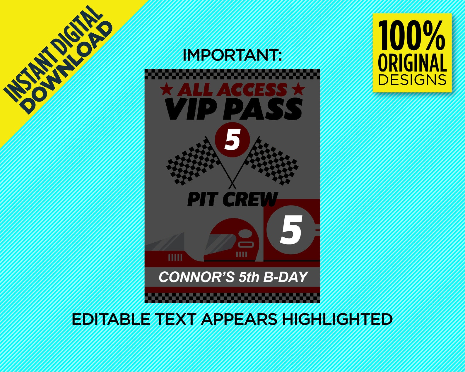 Race Car Party Printable All Access VIP Pass Pit Crew Pass - Etsy