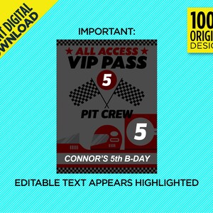 Race Car Party Printable All Access VIP Pass Pit Crew Pass Badge ...