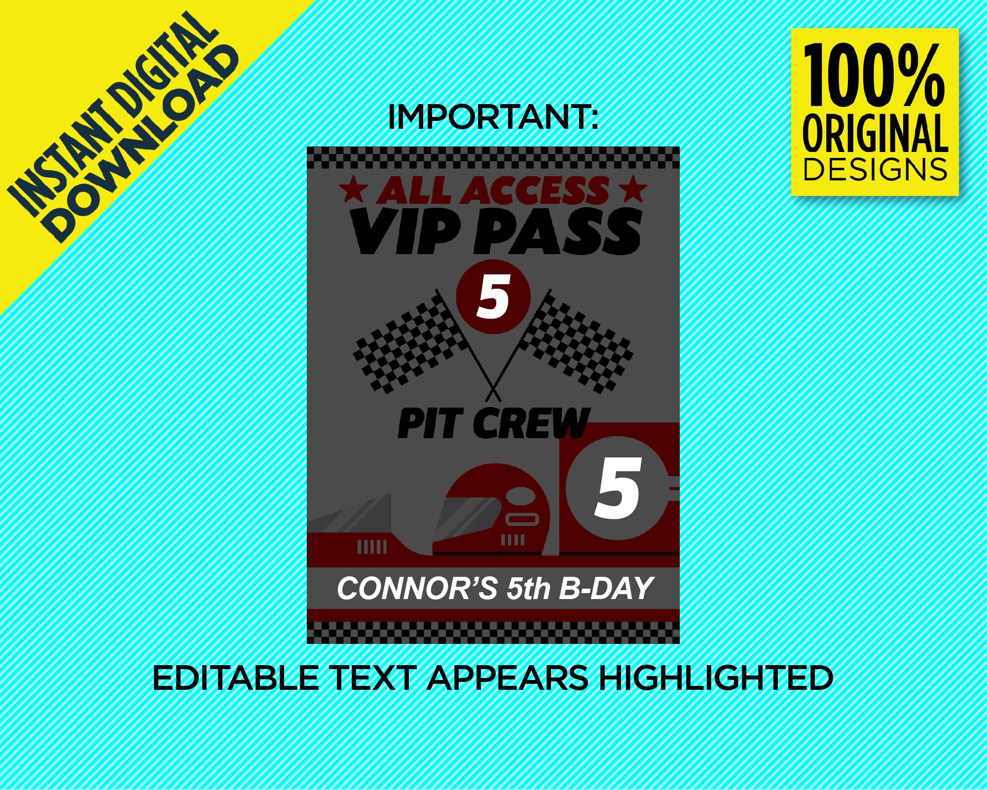 Race Car Party Printable All Access VIP Pass Pit Crew Pass - Etsy