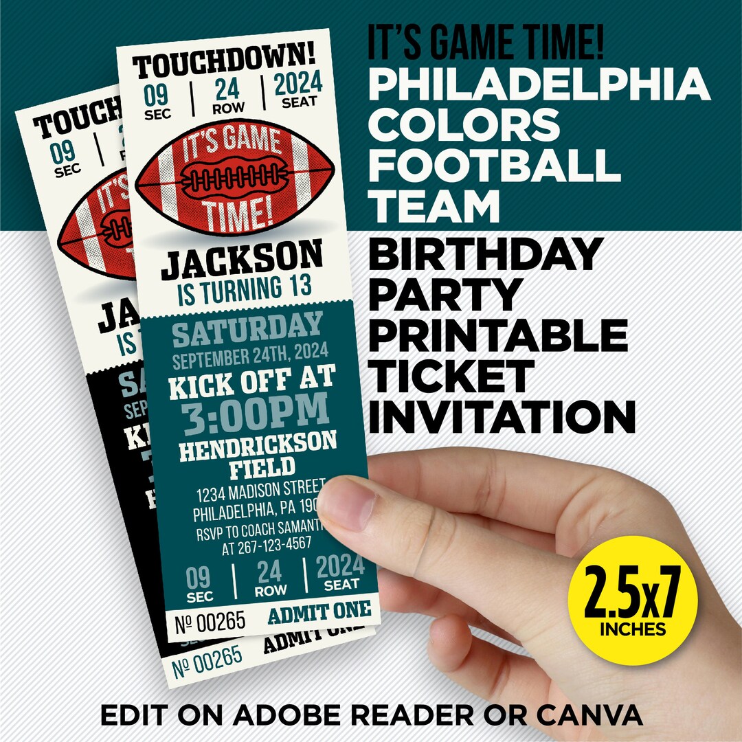 Philadelphia Football Ticket Invitation – Birthday Party Printable (DIY ...