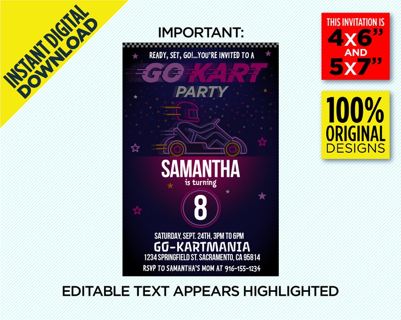 Girls Go Kart Party Printable Invitation Go-kart Birthday - Etsy