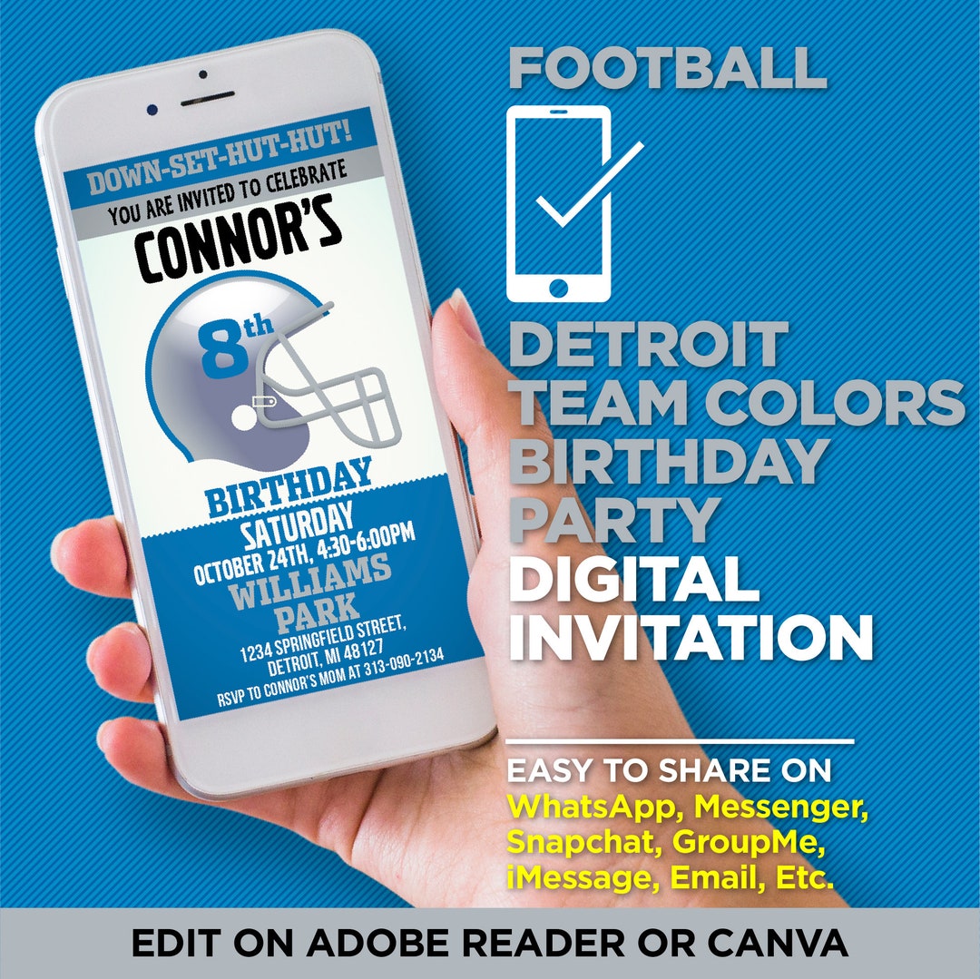 Detroit Football Team Colors Birthday Party Digital Invitation - EDIT ...