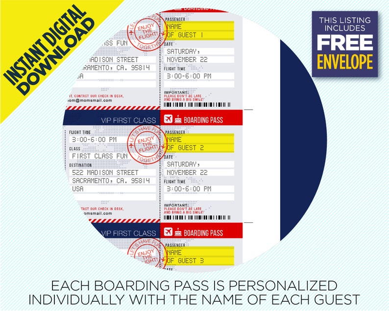 Airplane Boarding Pass Printable Invitation Blue & Red - Etsy