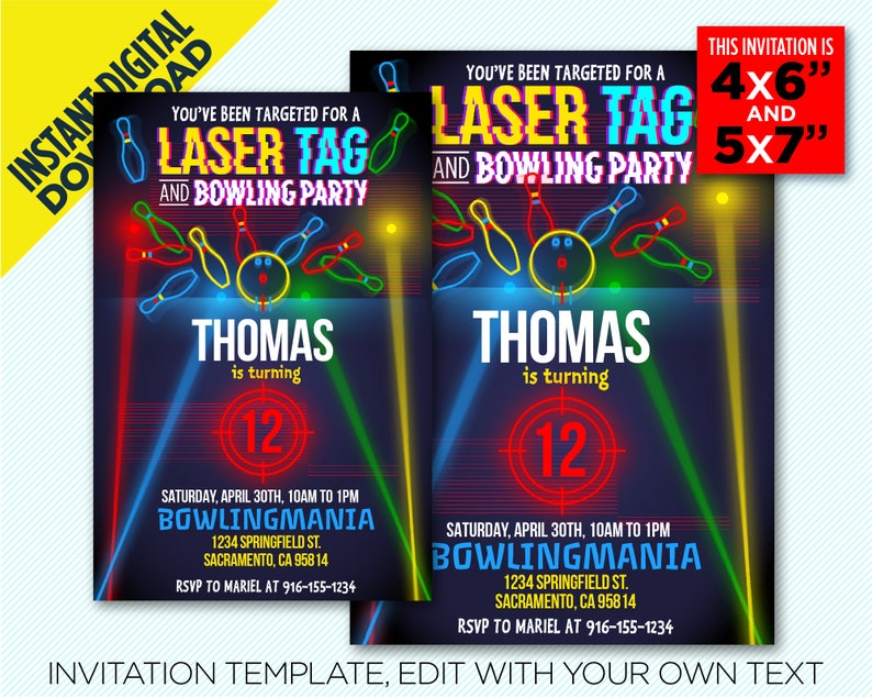 Laser Tag and Bowling Party Printable Invitation Laser Tag - Etsy