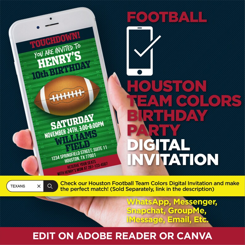 Houston Texans Birthday Party Printable Invitation, Texans Football ...