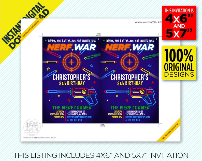 Nerf Party Printable Invitation Nerf War Birthday Party - Etsy