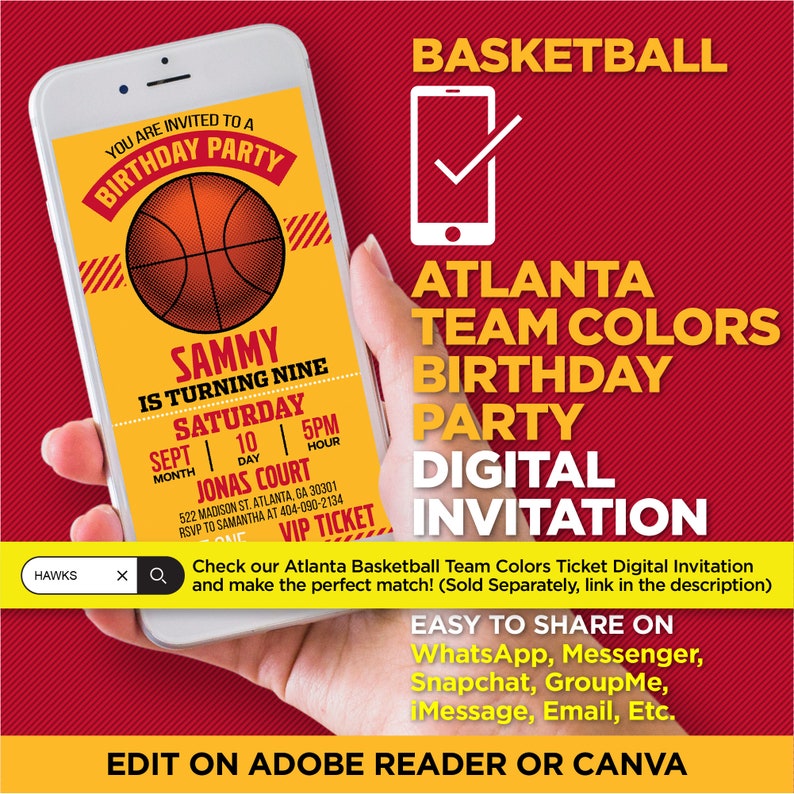 Atlanta Colors Basketball Team Birthday Party Printable Ticket ...