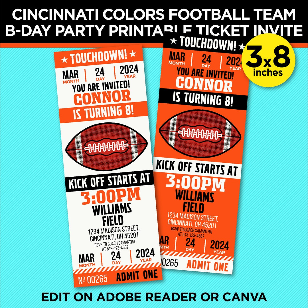 Cincinnati Colors Football Team Birthday Party Printable Ticket ...