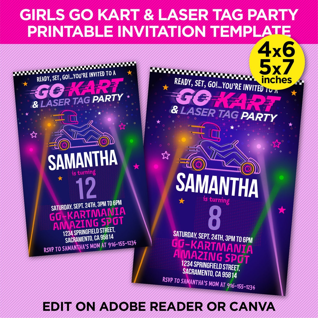 Girls Go Kart & Laser Tag Party Printable Invitation - Pink Go Kart ...
