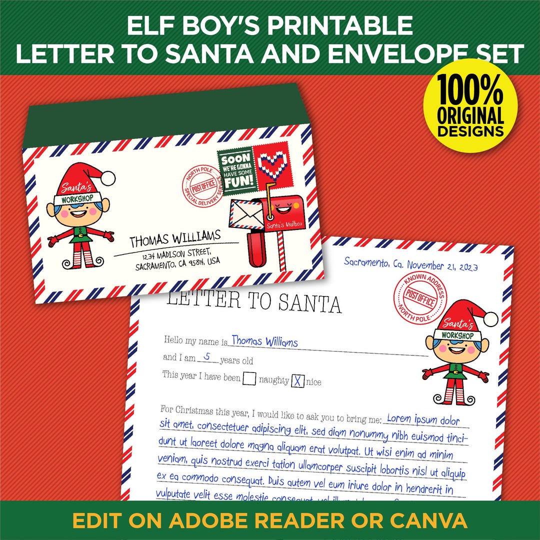 Elf Boy's Printable Letter to Santa and Envelope Set | Christmas ...