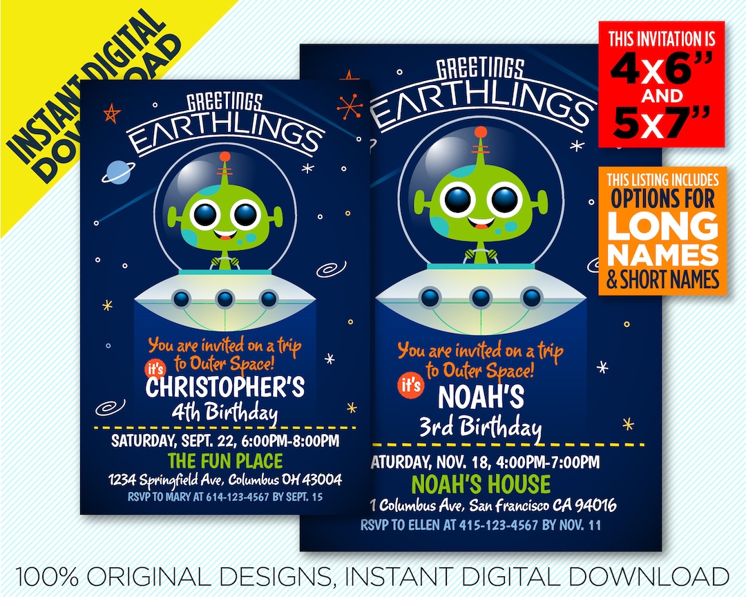 Space Alien Birthday Party Printable Invitation Greetings - Etsy