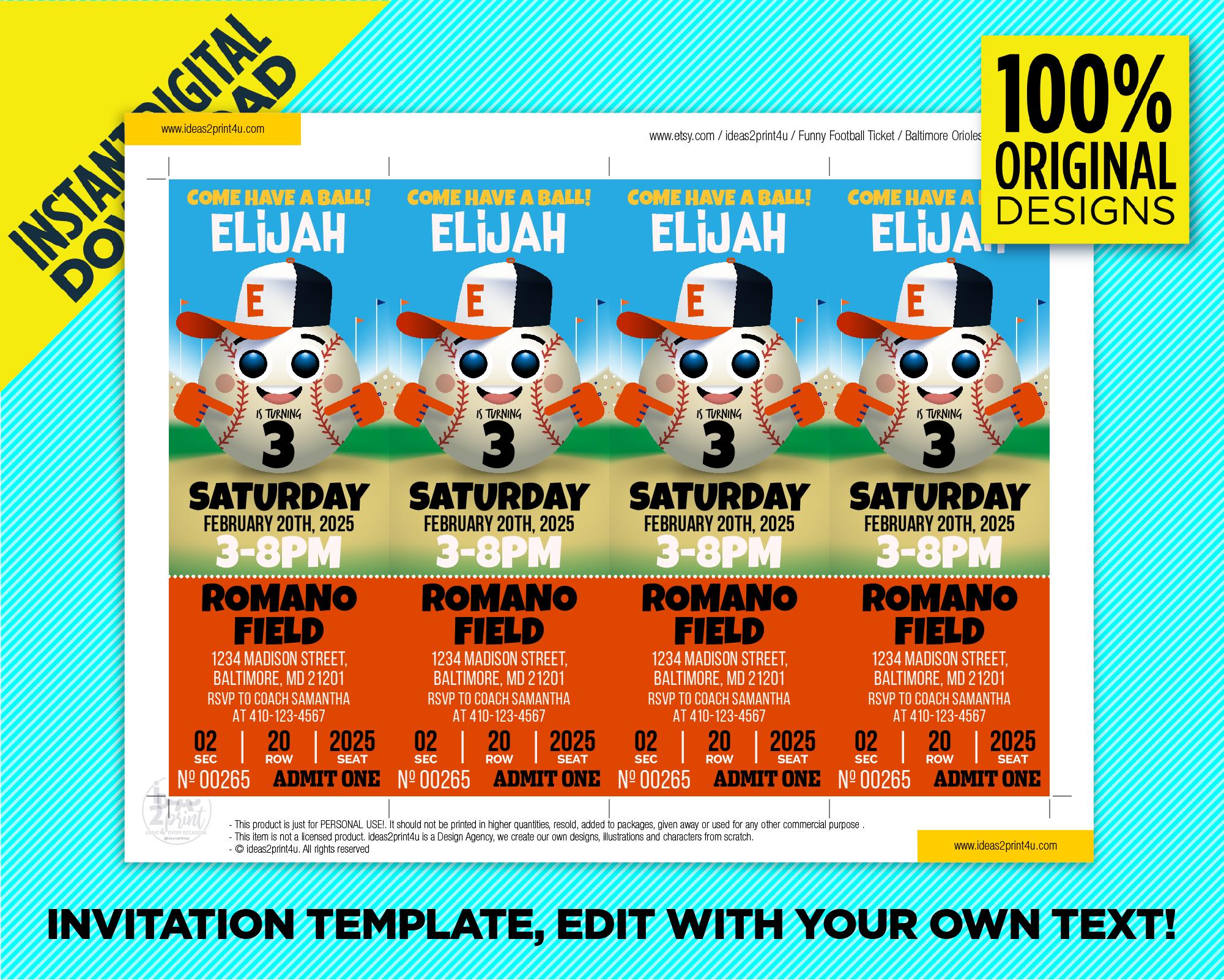 Baltimore Orioles Ticket Birthday Party Printable Invitation | Baseball ...