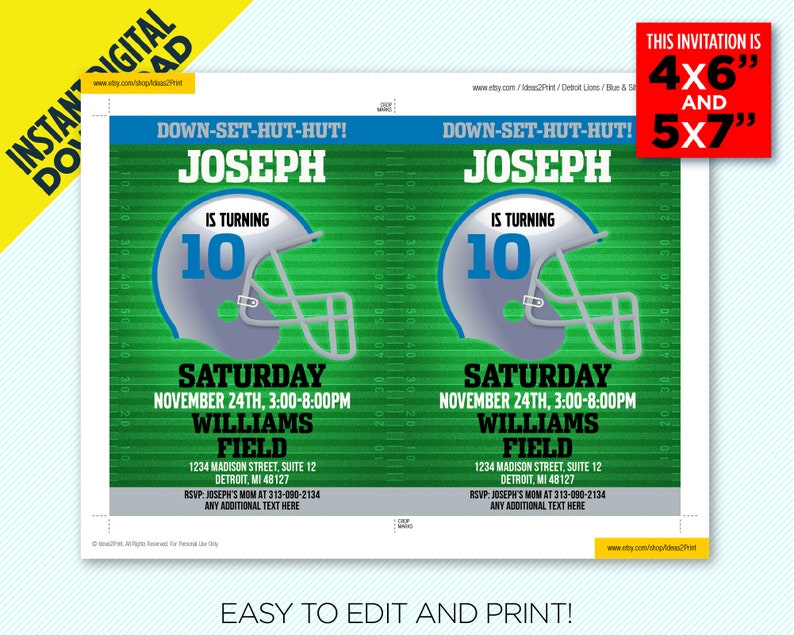 Detroit Football Birthday Invitation | Blue & Silver | Editable in ...