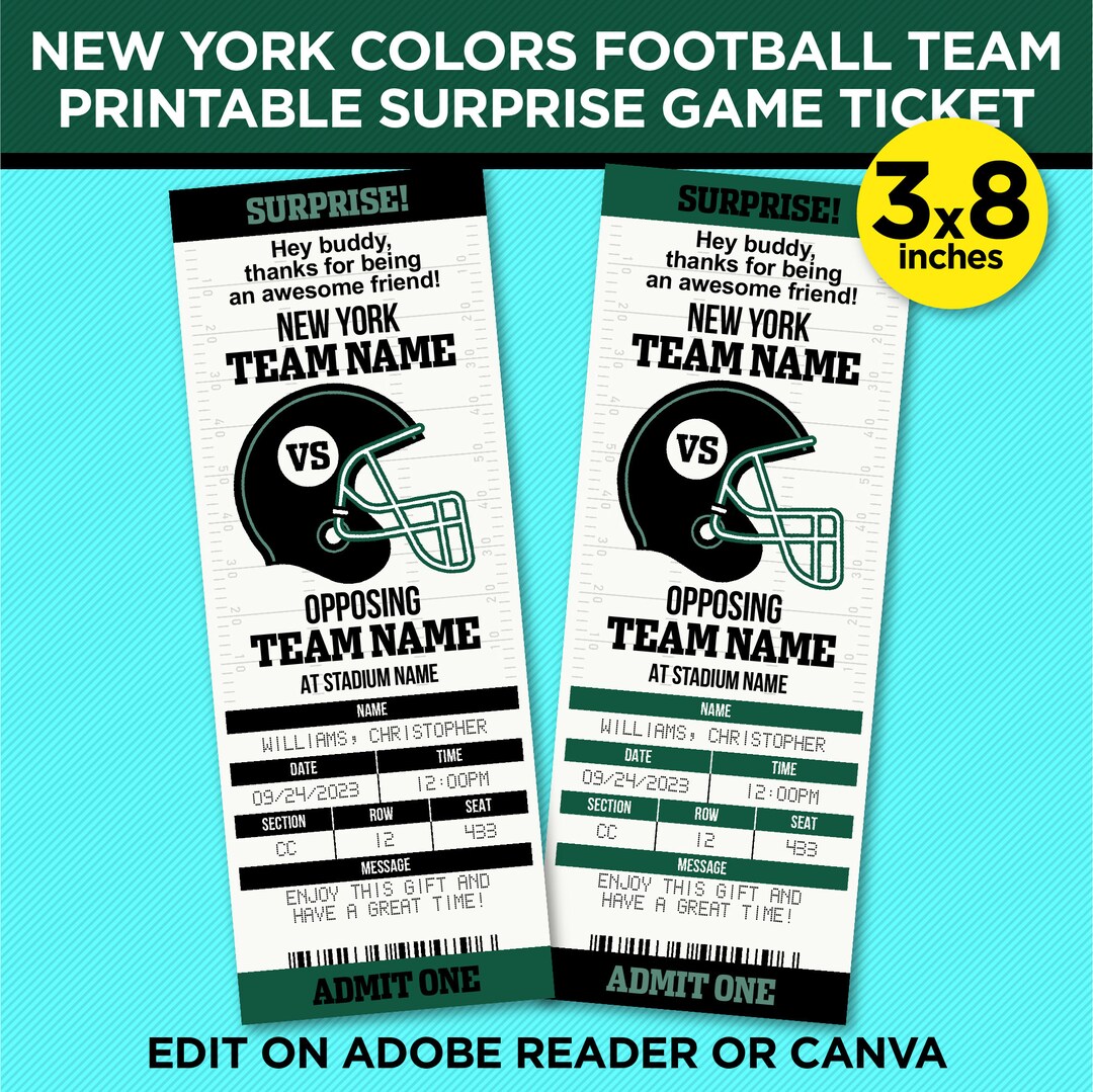 New York Colors Football Team Printable Surprise Game Ticket Green ...