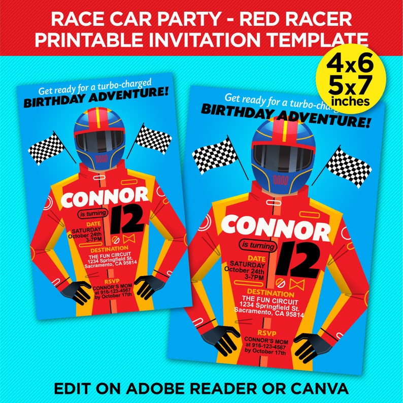 F1 Red Racer Birthday Party Printable Invitation - Race Car Invite ...