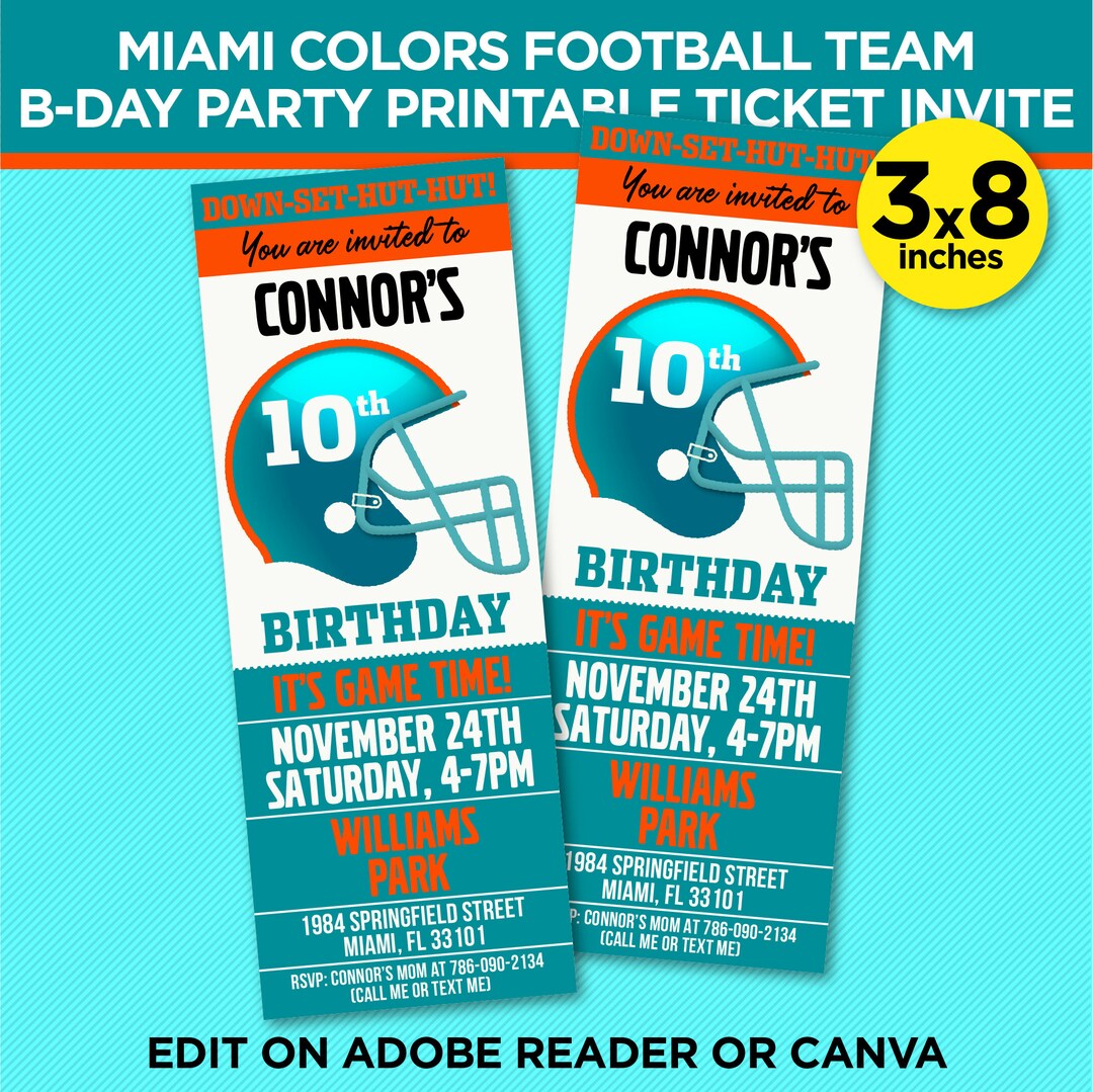 Miami Colors Football Team Birthday Party Printable Ticket Invitation ...