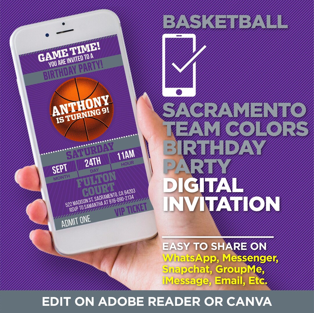 Sacramento Basketball Team Colors Birthday Party Digital Invitation ...