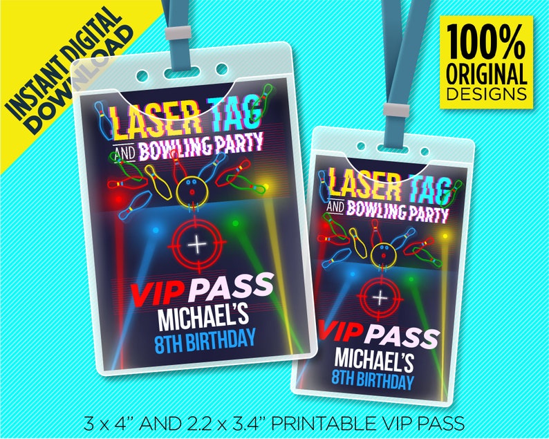 Laser Tag and Bowling Party VIP Pass 3 X 4" / 2.2 X 3.4”, Printable ...