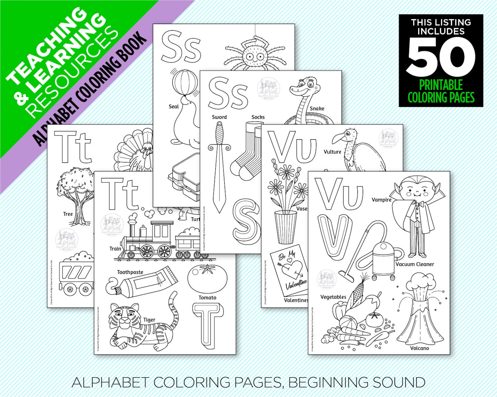 Printable Alphabet Coloring Pages, Beginning Sound, From A to Z, 50 ...