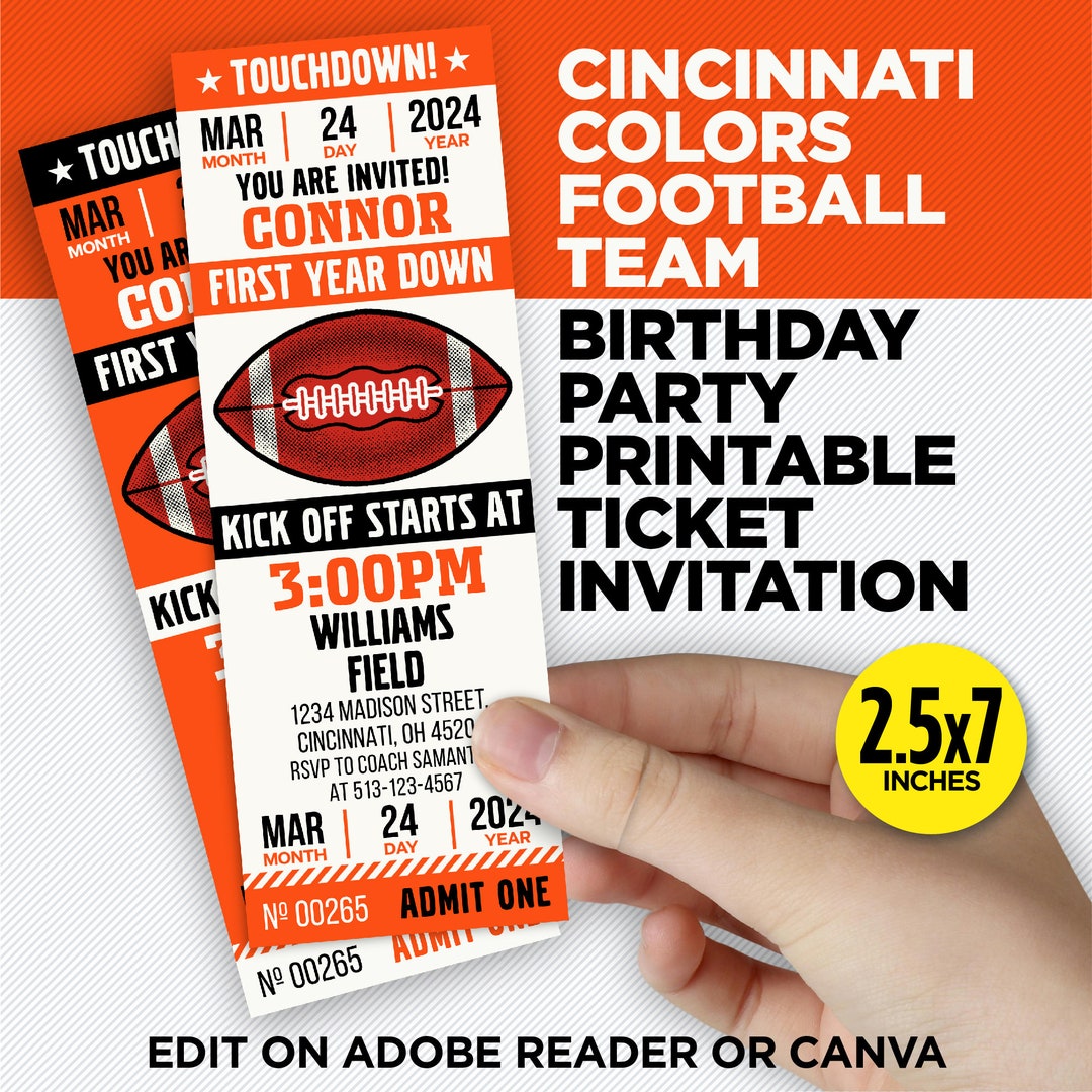 Cincinnati Colors Football Team Printable Ticket Invitation - Orange ...