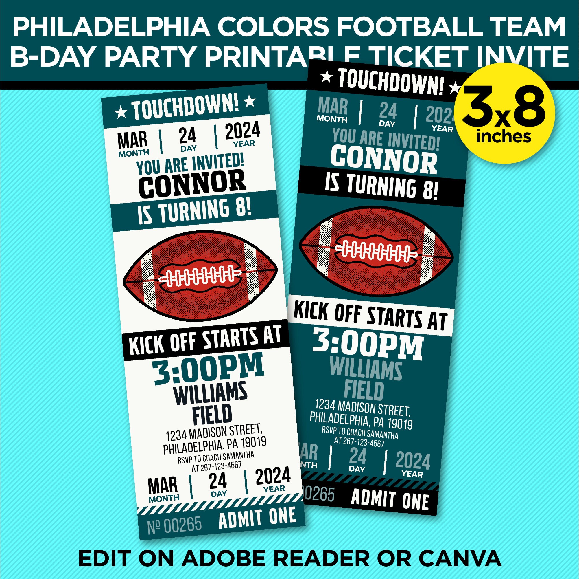 Philadelphia Colors Football Team Birthday Party Printable Invitation ...
