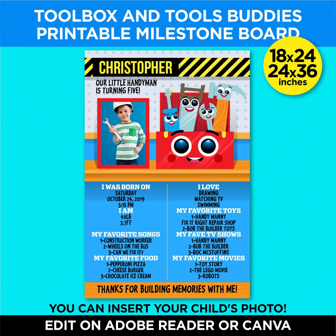 Toolbox and Tools Buddies Birthday Party Printable Milestone Board ...