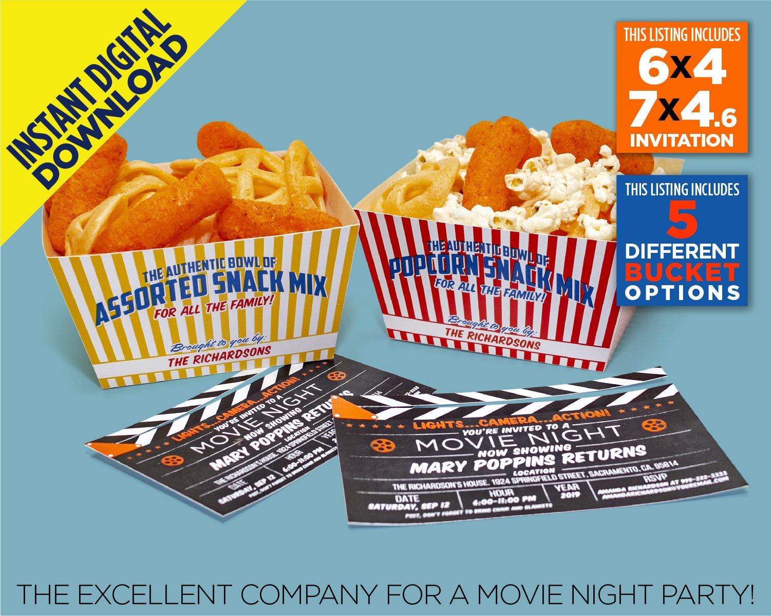 Movie Night Invitation DIY Vintage Popcorn Buckets Printable - Etsy
