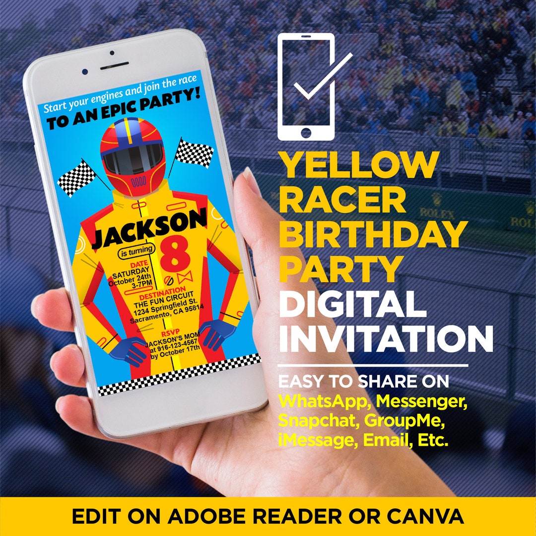 F1 Yellow Racer Birthday Party Digital Invitation - Race Car Invite ...