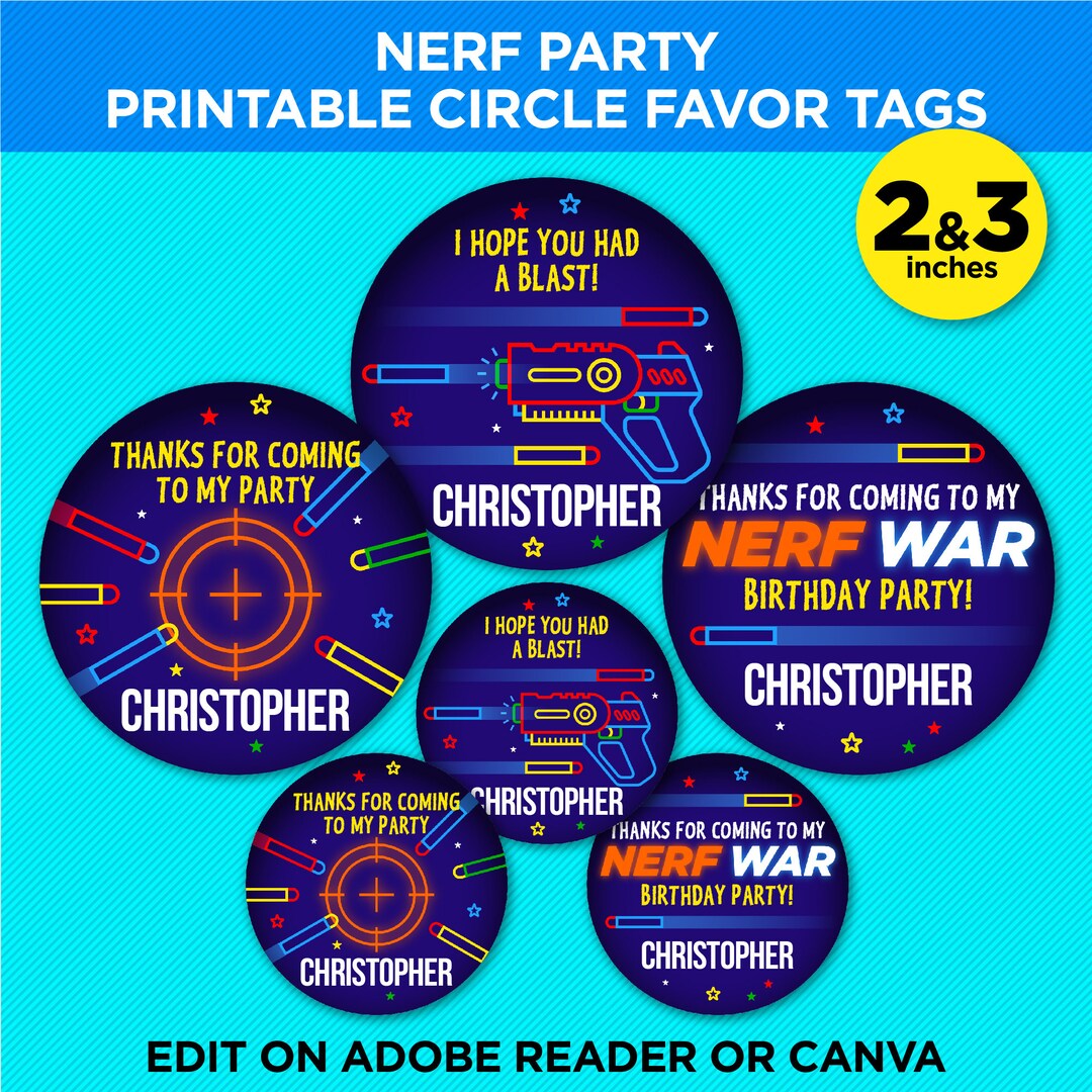 Nerf Party Printable Circle Favor Tag - Dart Wars Birthday 2 X 2" / 3 X ...