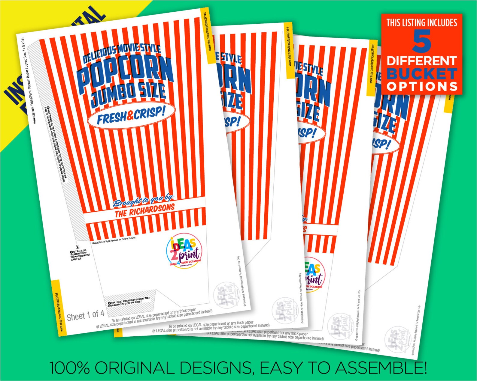 DIY Vintage Popcorn Bucket Printable 4 Different Sizes | Etsy