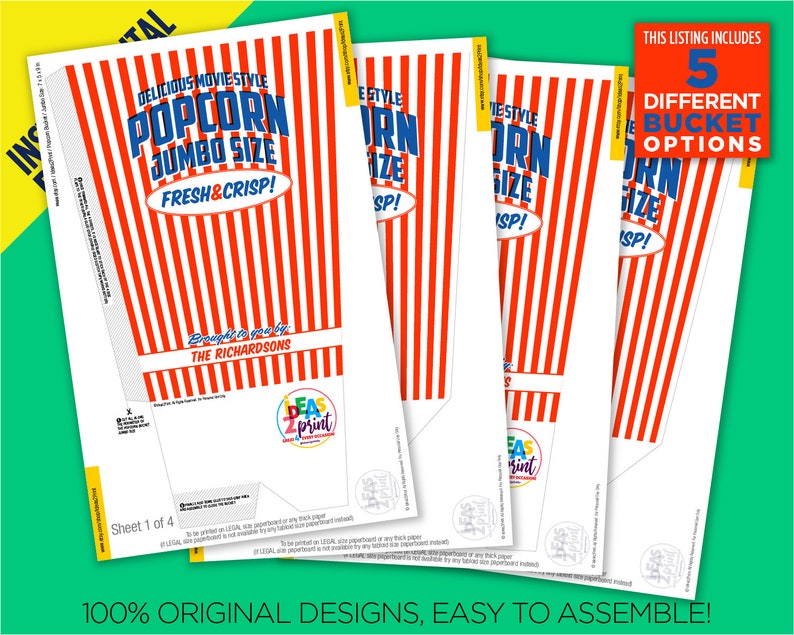 DIY Vintage Popcorn Bucket Printable 4 Different Sizes - Etsy