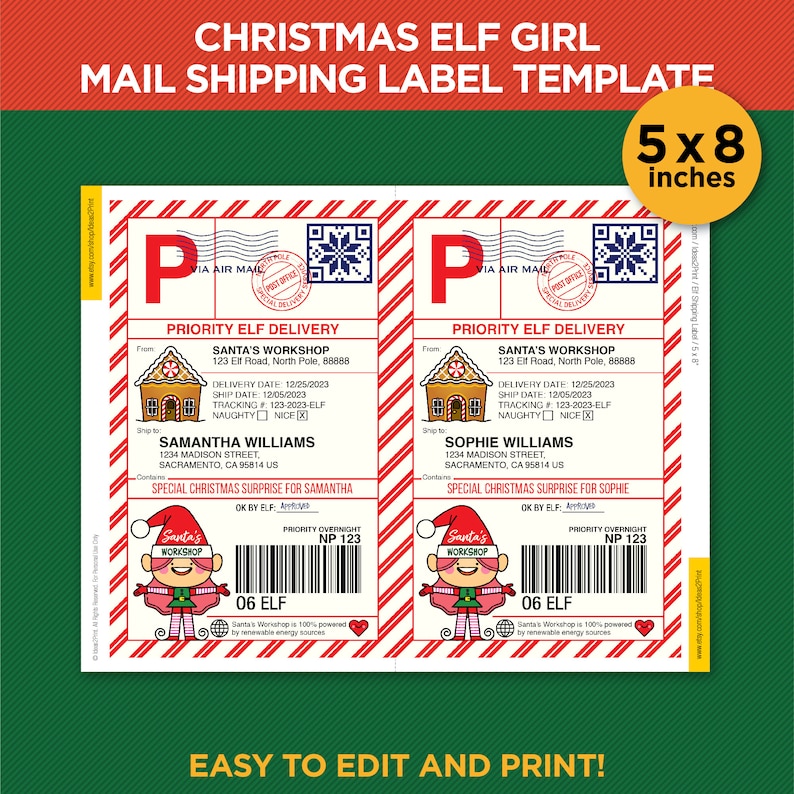 Printable Elf Girl Shipping Label Christmas Delivery Mail - Etsy
