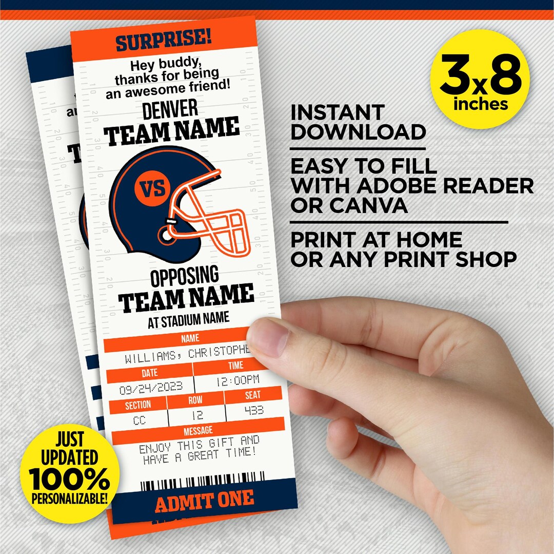 Denver Football Team Surprise Ticket | Gift Reveal Template | Digital ...