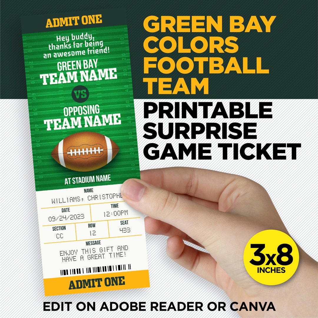 Green Bay Colors Football Team Printable Surprise Game Ticket Dark ...