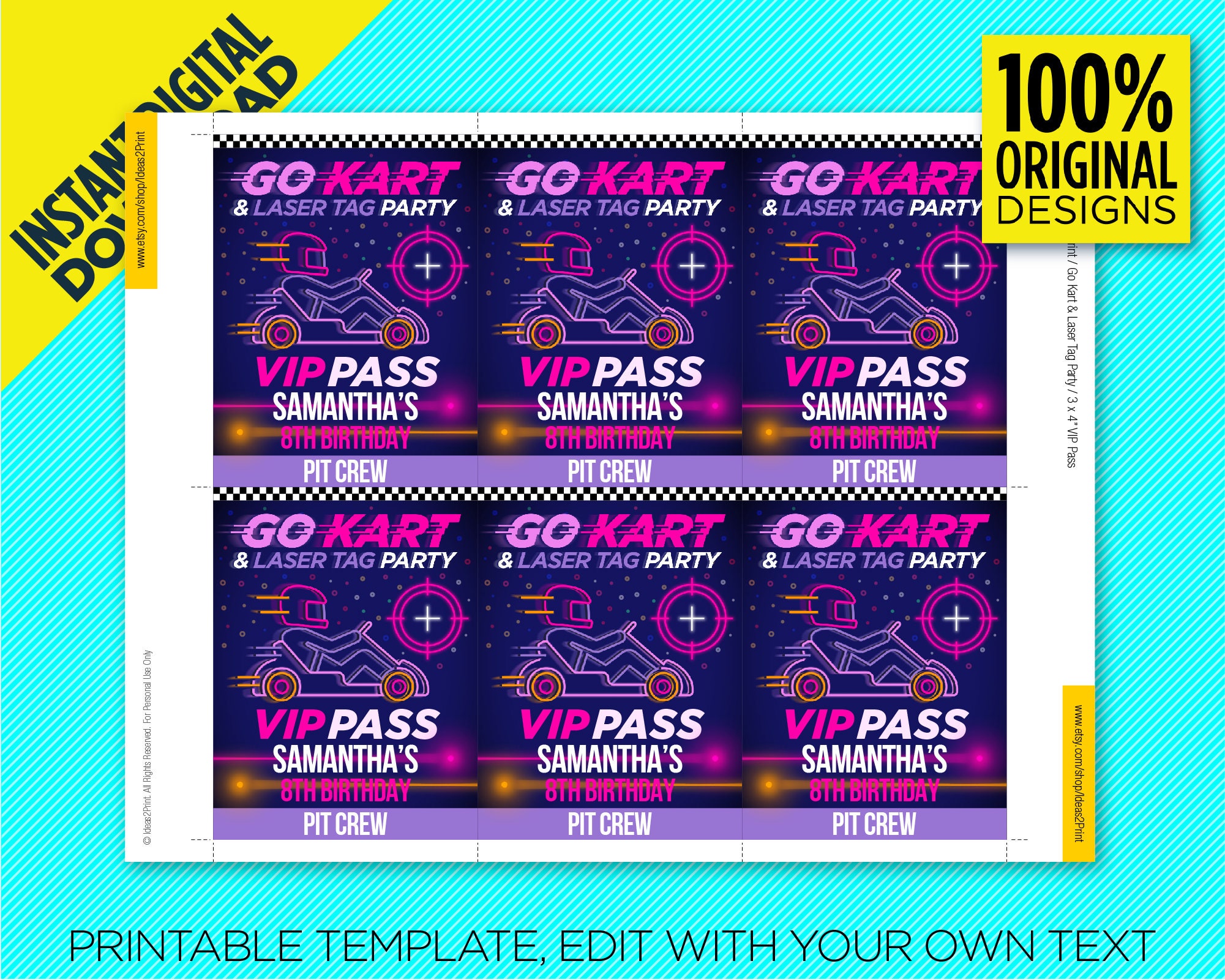 Go Kart and Laser Tag Girls Party VIP Pass, Printable Go Kart and Laser ...