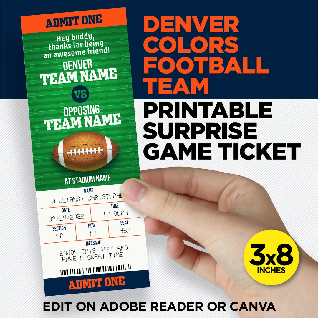 Denver Colors Football Team Printable Surprise Game Ticket Orange ...
