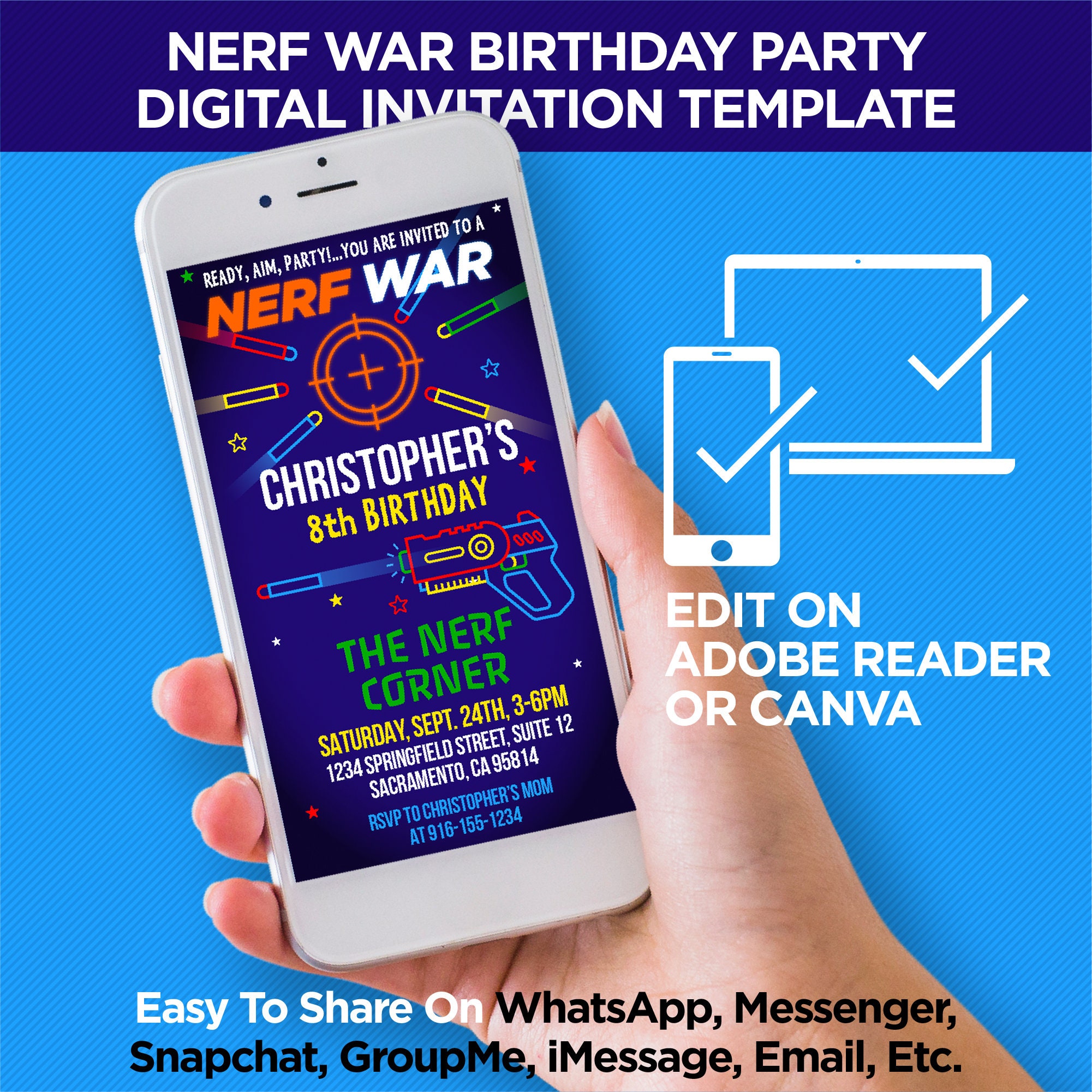 Nerf War Birthday Party Digital Invitation Boys and Girls Dart Wars Party Invite Template EDIT ...