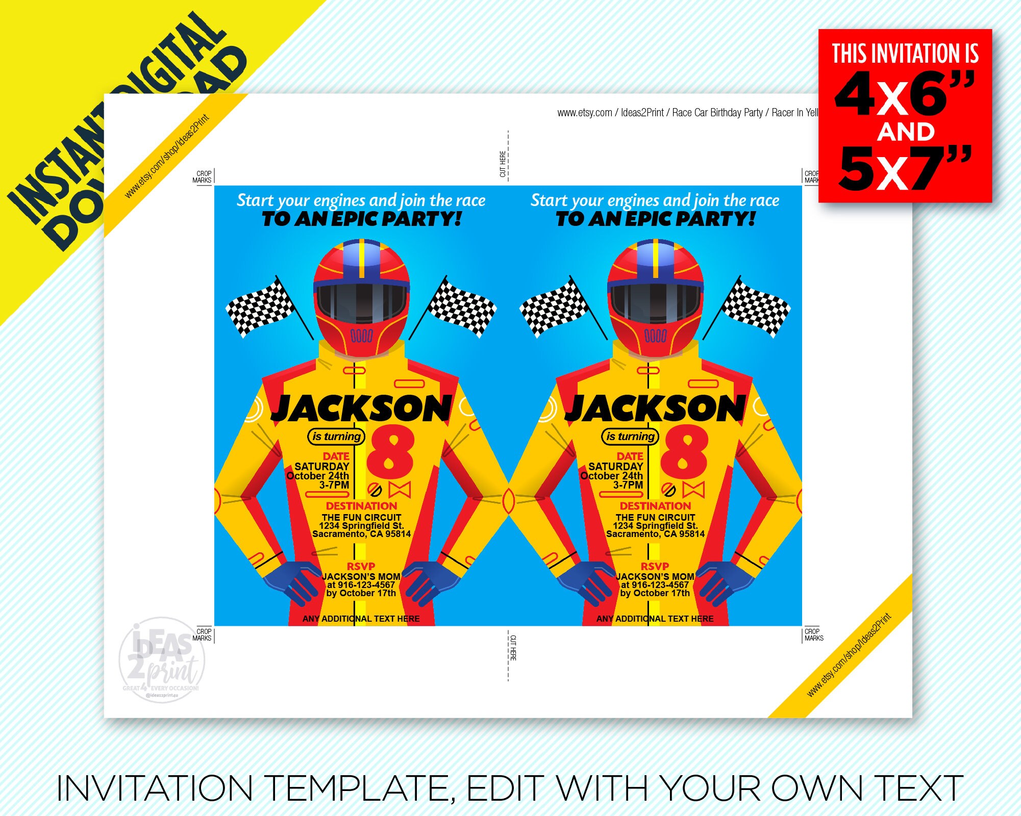F1 Yellow Racer Birthday Party Printable Invitation - Race Car Invite ...