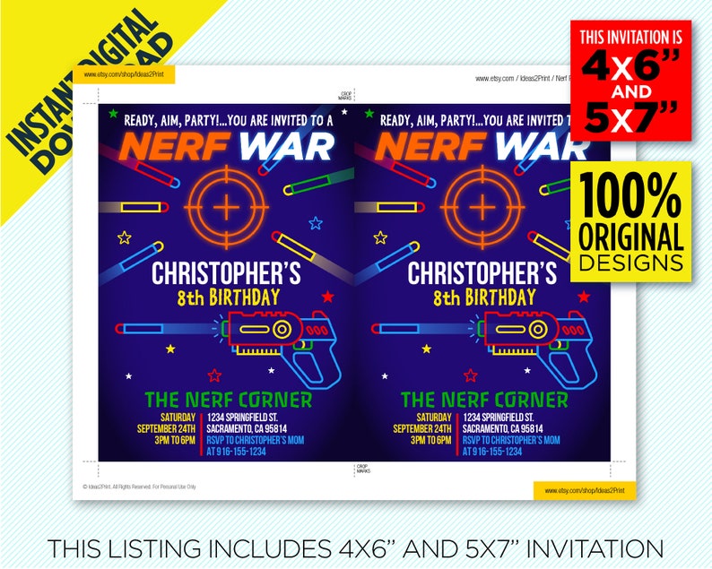 Nerf Party Printable Invitation Nerf War Birthday Party - Etsy