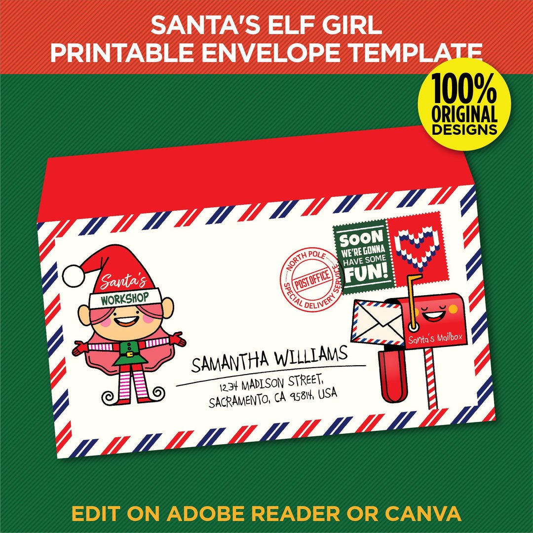 Santa's Elf Girl Envelope Printable Template - From Your Girl to Santa ...