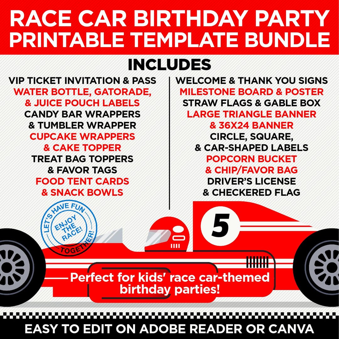 Race Car Birthday Party Printable Template Bundle | F1 Party ...