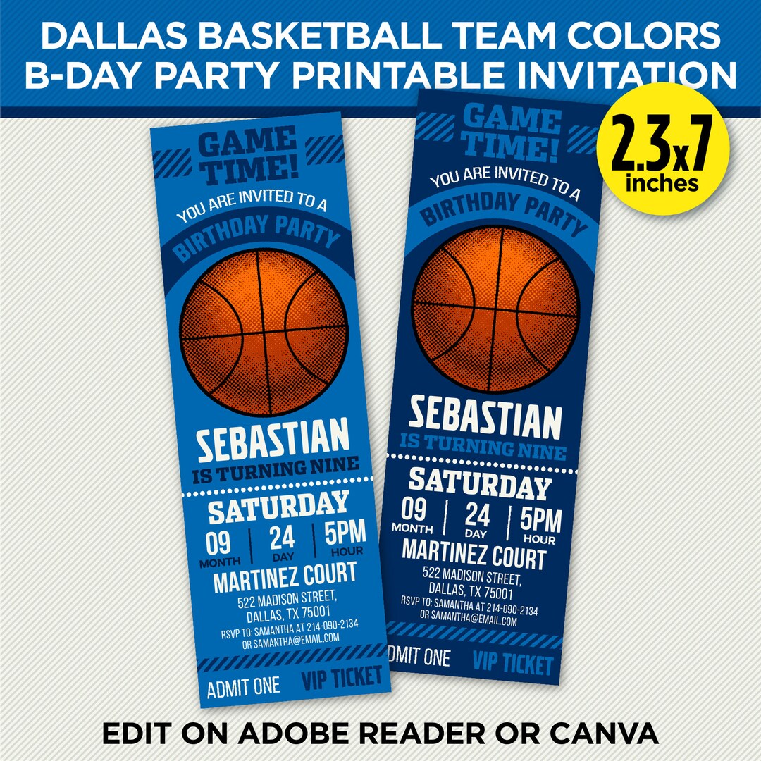 Dallas Basketball Team Colors Printable Ticket Invitation Navy & Blue ...