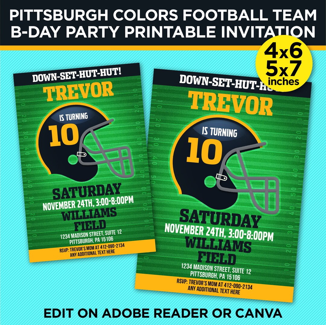 Pittsburgh Colors Football Team Birthday Party Printable Invitation ...