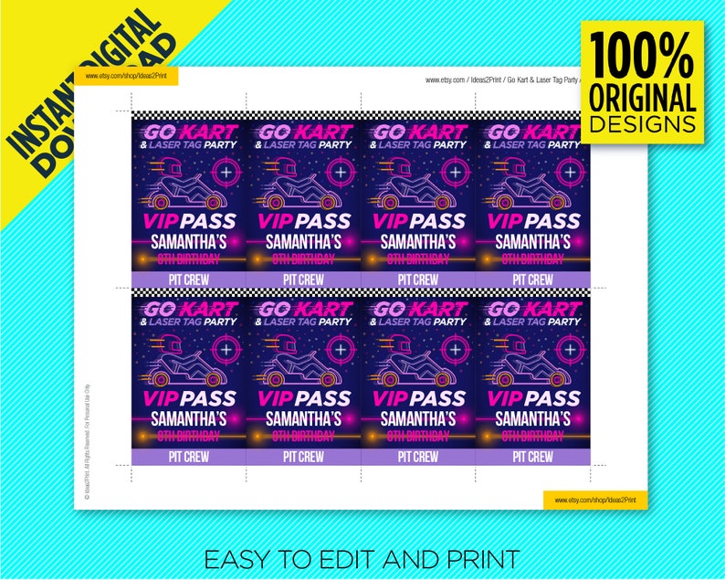 Go Kart and Laser Tag Girls Party VIP Pass, Printable Go Kart and Laser ...