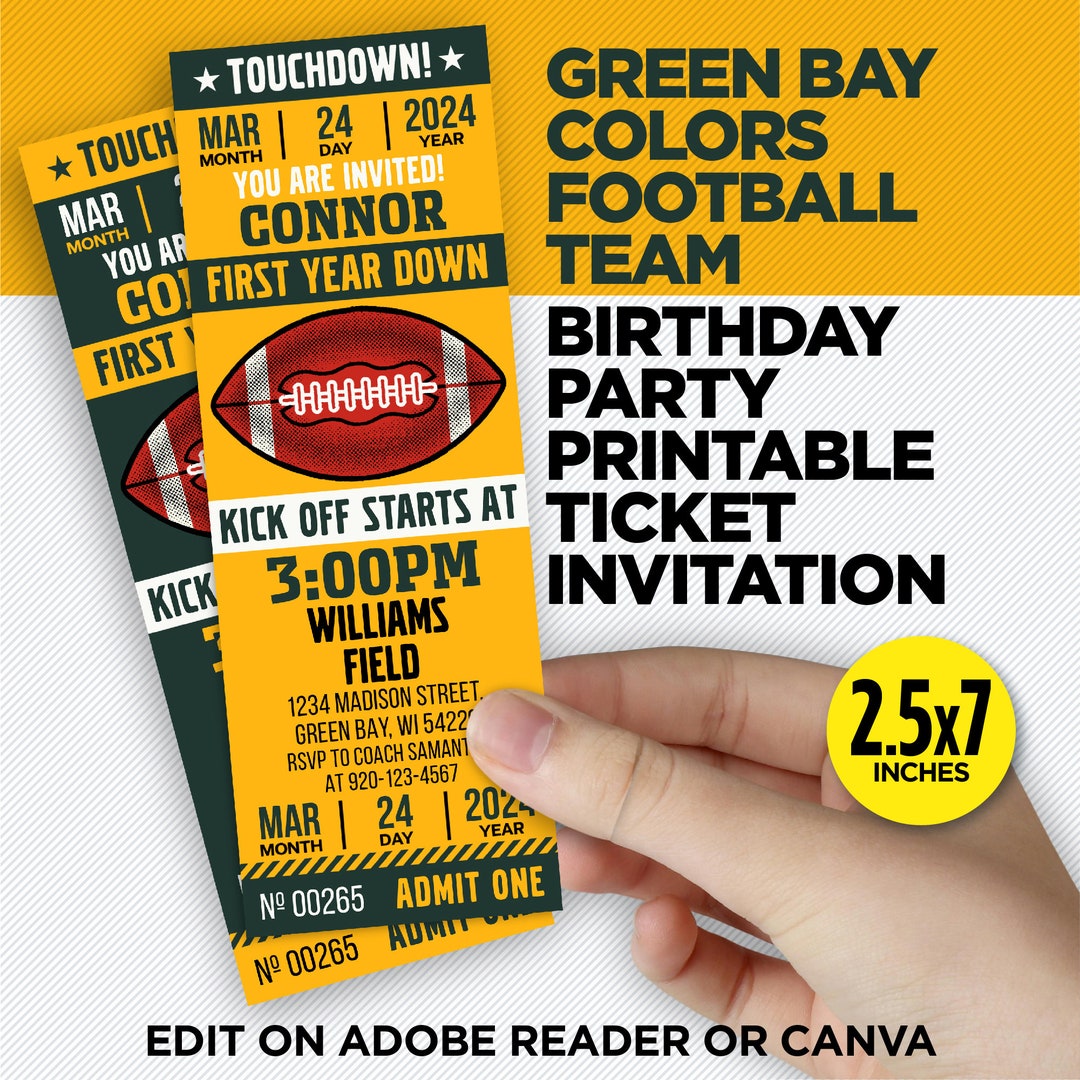 Green Bay Colors Football Team Printable Invitation - Dark Green & Gold ...