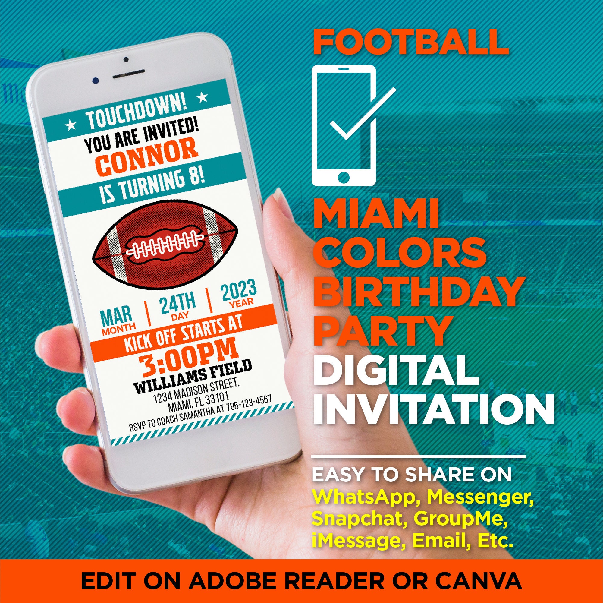 Miami Football Team Colors Birthday Party Digital Invitation - Etsy