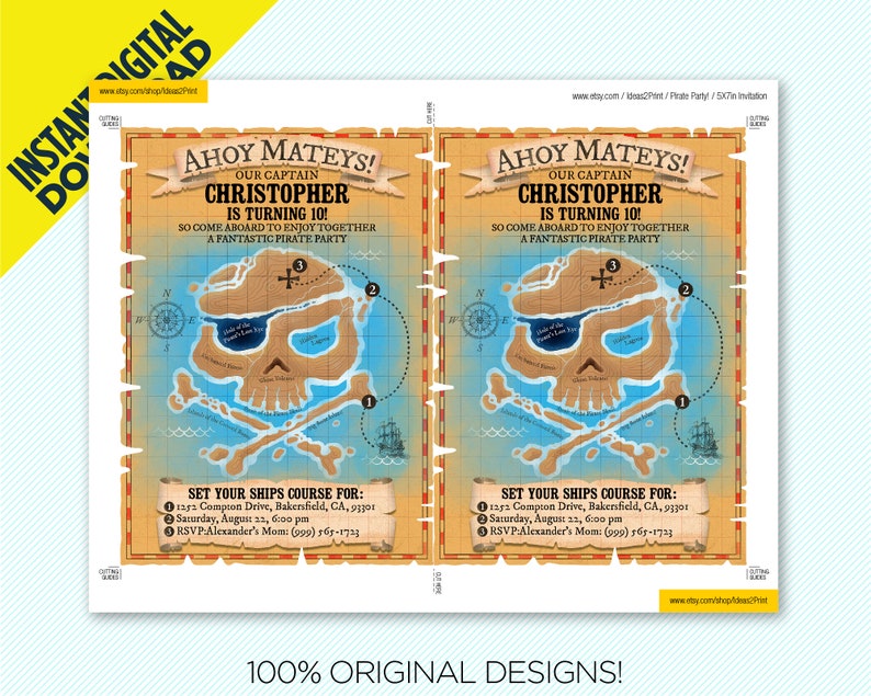 Ahoy Mateys Pirate Party Invitation Treasure Map Invitation - Etsy