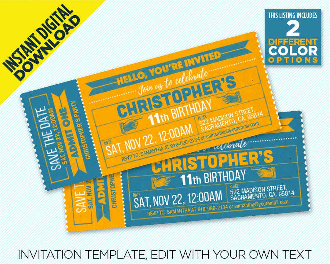Ticket Birthday Party Printable Invitation, Instant Digital Download ...