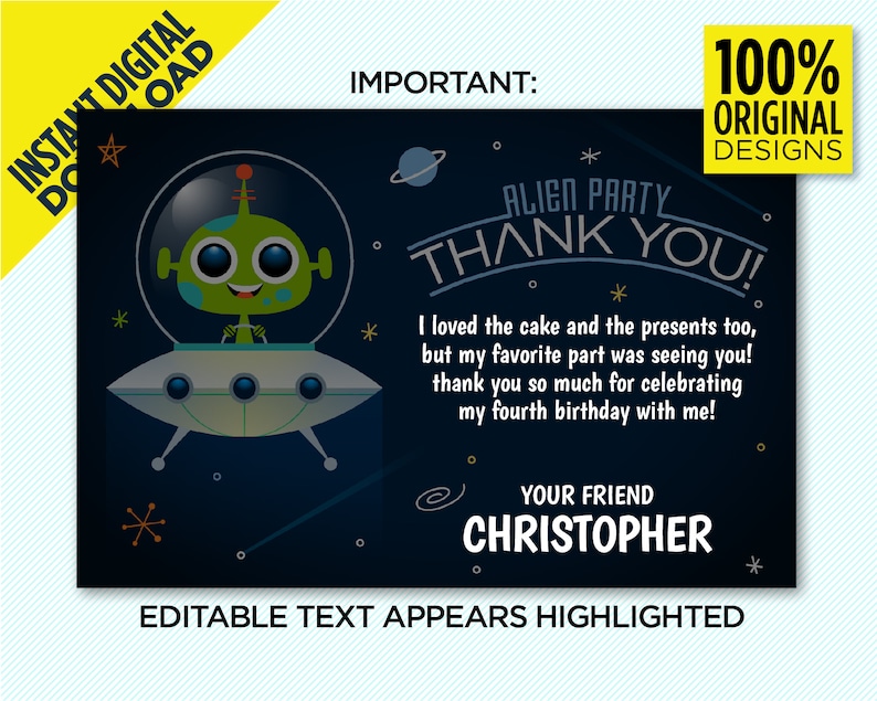 Space Alien Party Printable Thank You Card Greetings - Etsy